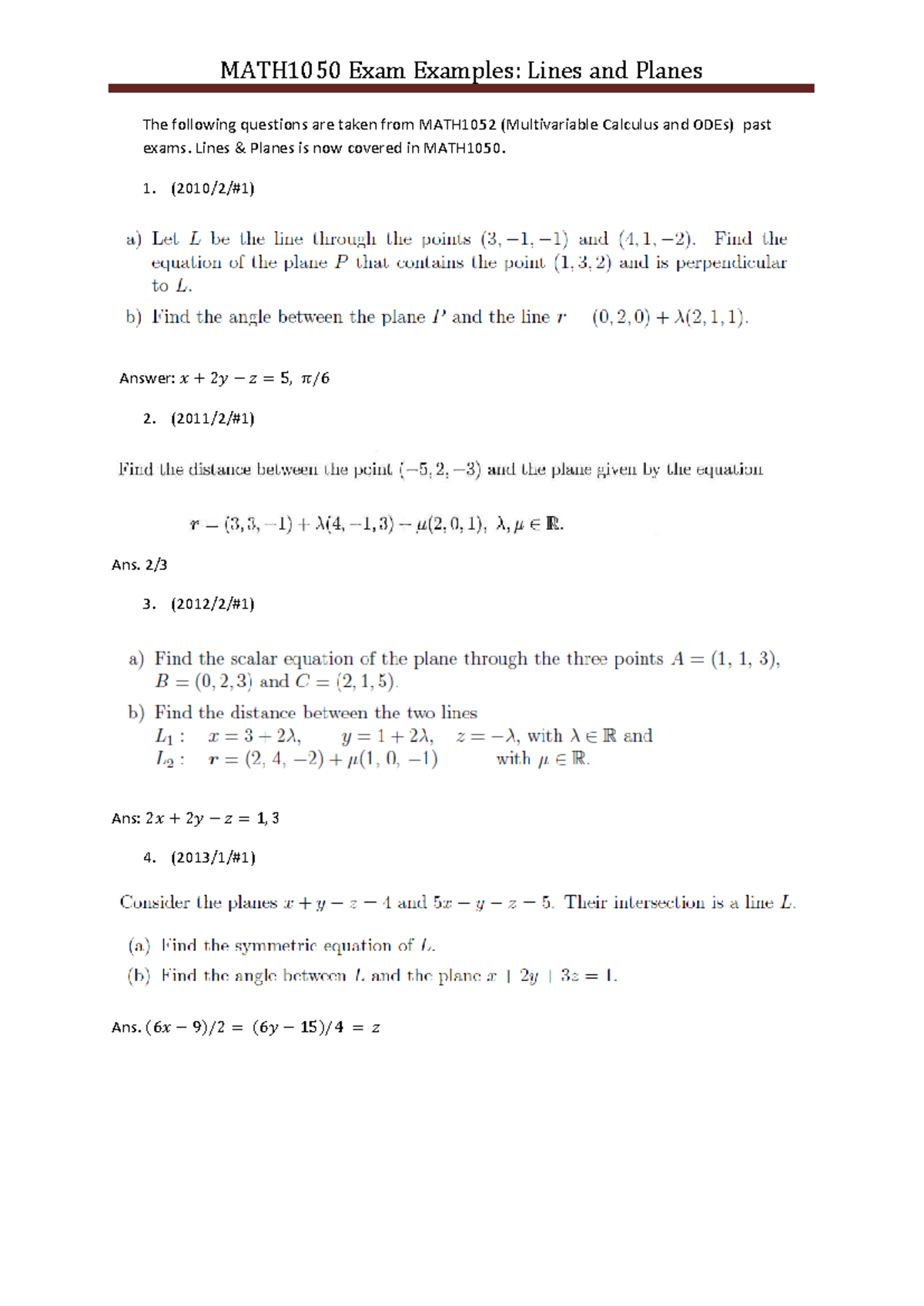 06-lines and planes - practice question for each topic - MATH1050 Exam ...