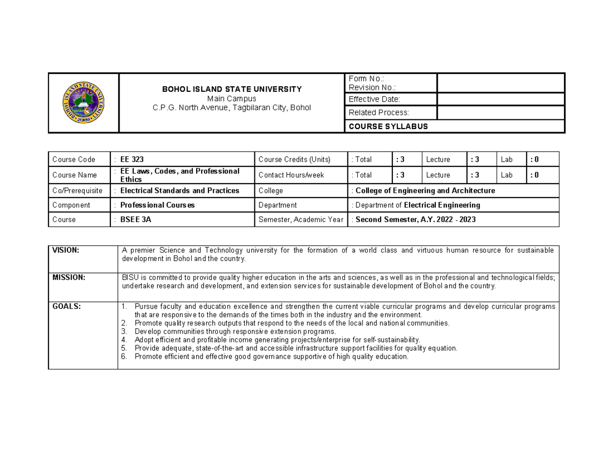 Syllabus for EE laws - BOHOL ISLAND STATE UNIVERSITY Main Campus C.P ...
