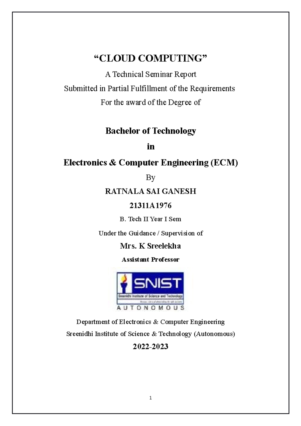 Report 3rd sem-1 - practise - “CLOUD COMPUTING” A Technical Seminar ...