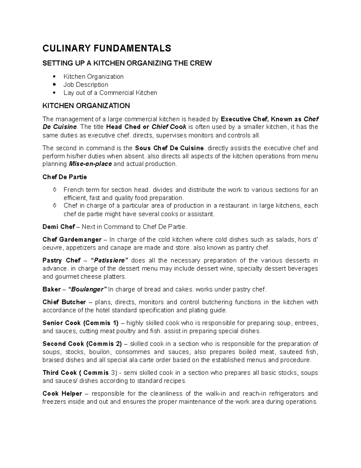 HME 314 (Part 1) - LECTURE NOTES - CULINARY FUNDAMENTALS SETTING UP A ...