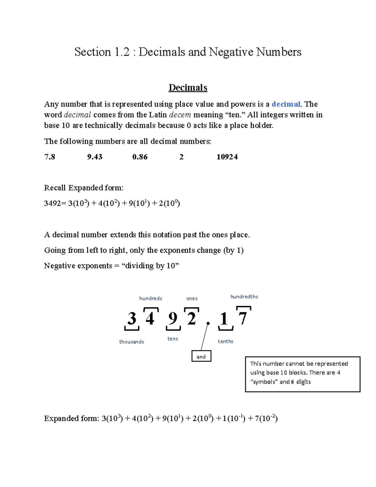 Math 247 Section 1 - Decimals and Negative Numbers - Section 1 ...