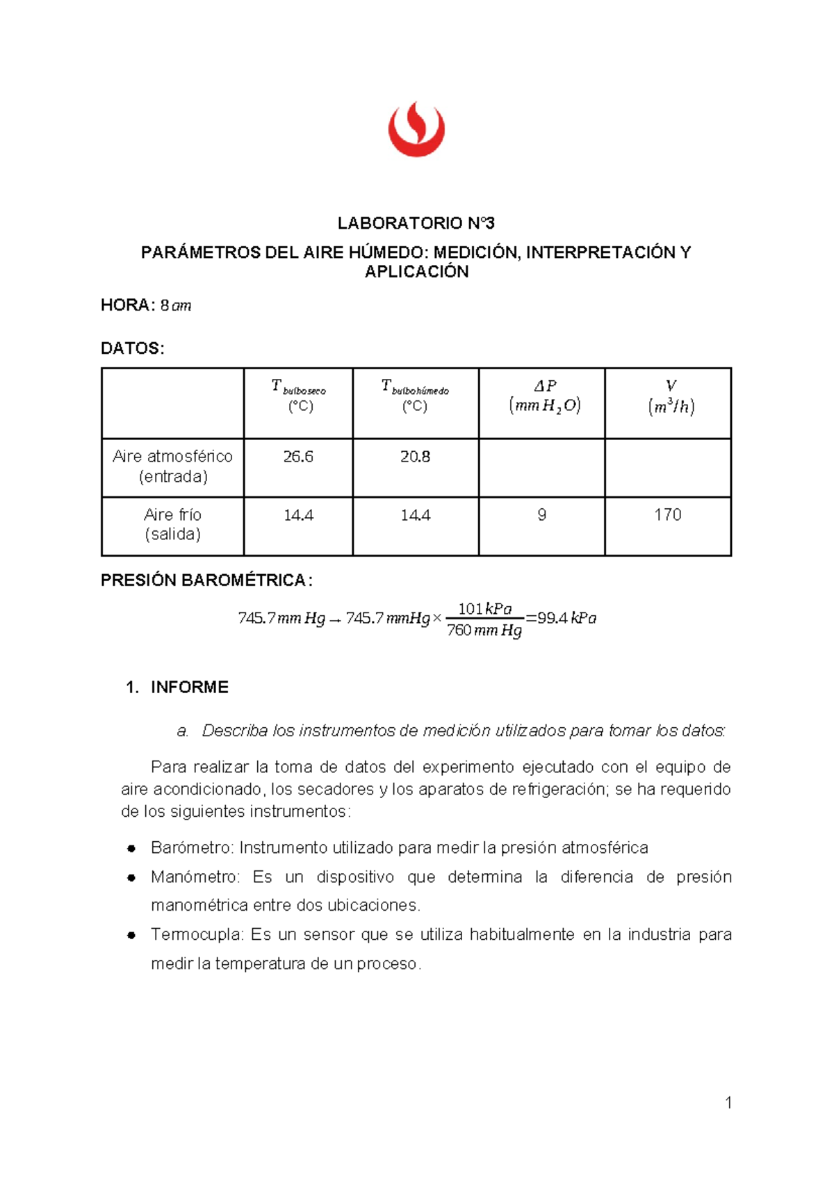 Laboratorio N°3 Parámetros del aire humedo Medicion, Interpretacion y ...