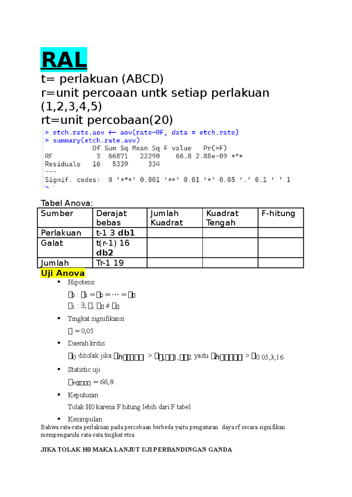 NOT Responsi Rancob UTS - RAL t= perlakuan (ABCD) r=unit percoaan untk setiap perlakuan (1,2,3,4 ...