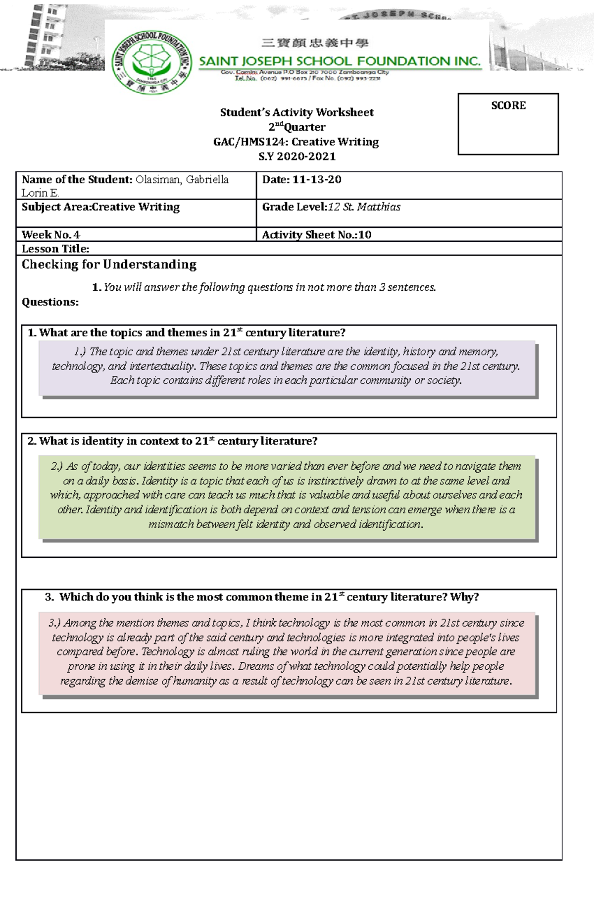 Creative Writing No. 4 - Grade: 100 - Student’s Activity Worksheet 2 ...