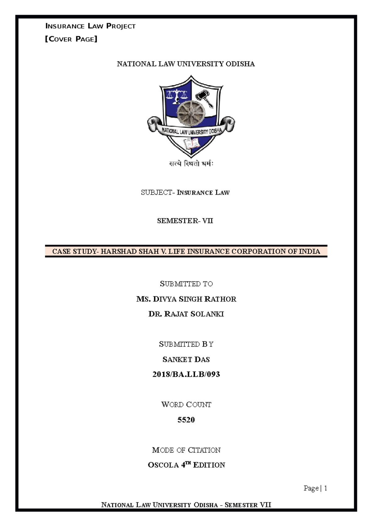 Insurance Project - SEE - INSURANCE LAW PROJECT [COVER PAGE] NATIONAL ...