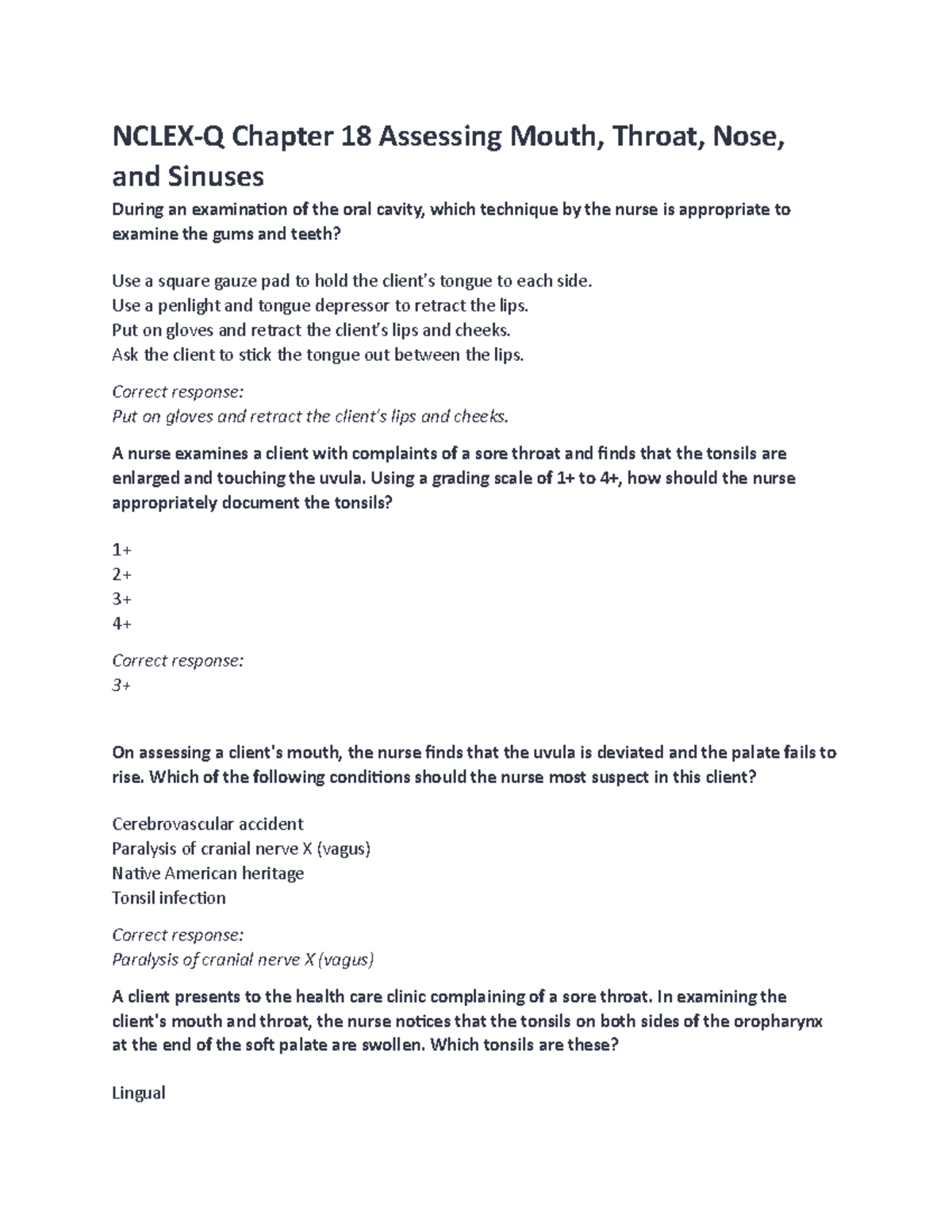 Nclex-Q Chapter 18 Assessing Mouth, Throat, Nose, and Sinuses - NCLEX-Q ...