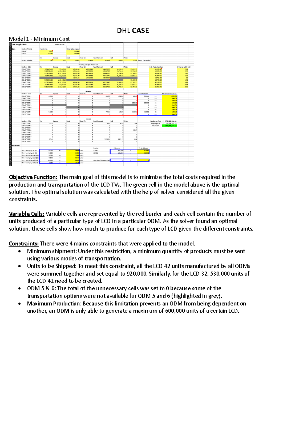 DHL CASE - DHL CASE Model 1 - Minimum Cost Objective Function: The main goal of this model is to ...