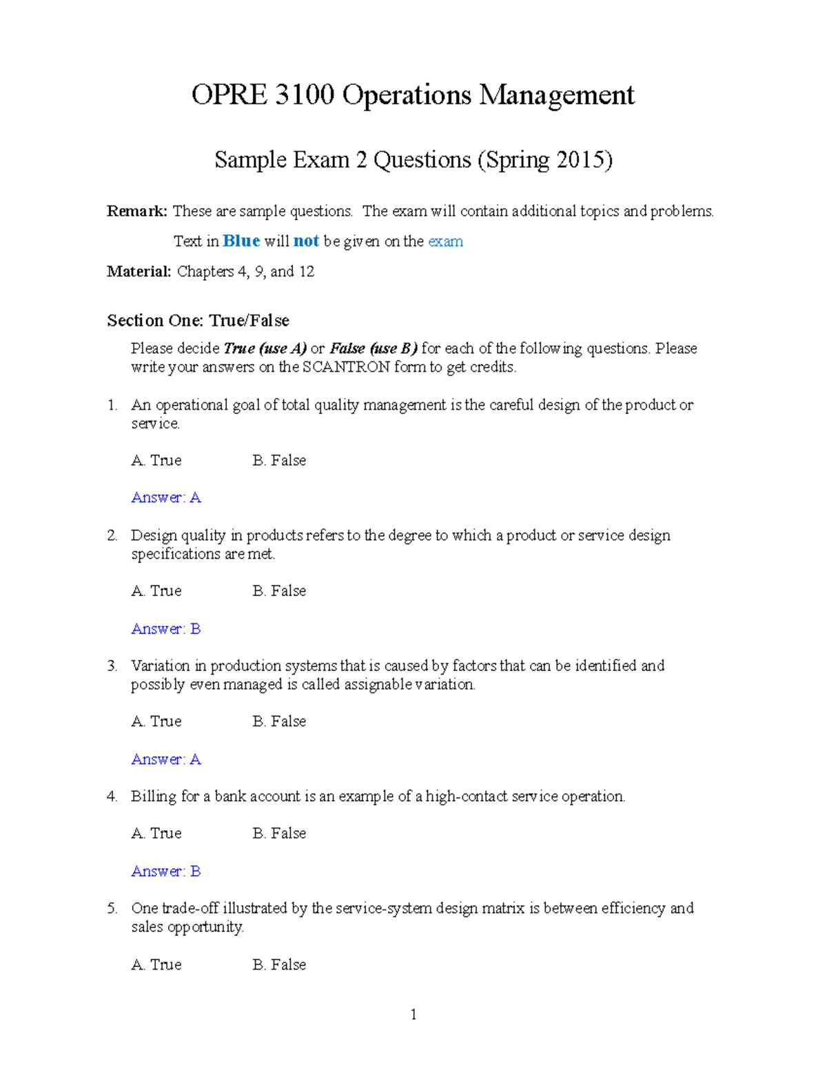 Practice Exam 2 Questions - OPRE 3100 Operations Management Sample Exam ...