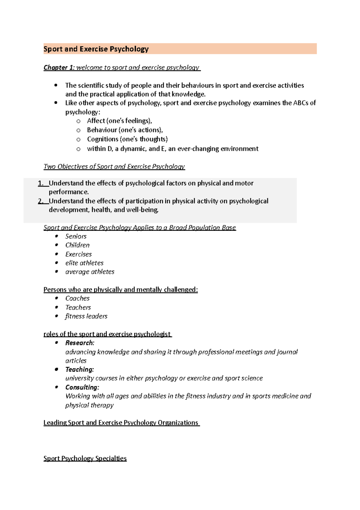 Sport and Exercise Psychology - Sport and Exercise Psychology Chapter 1 ...