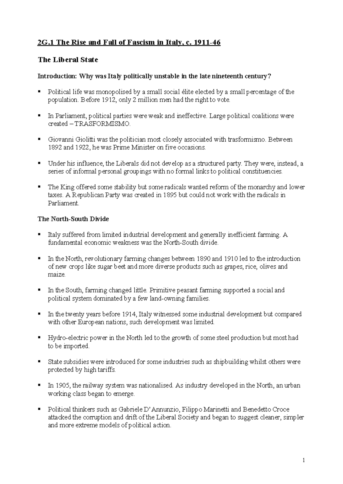 Revision Summary The Rise and Fall of Fascism in Italy, c1911-46 - 2G ...