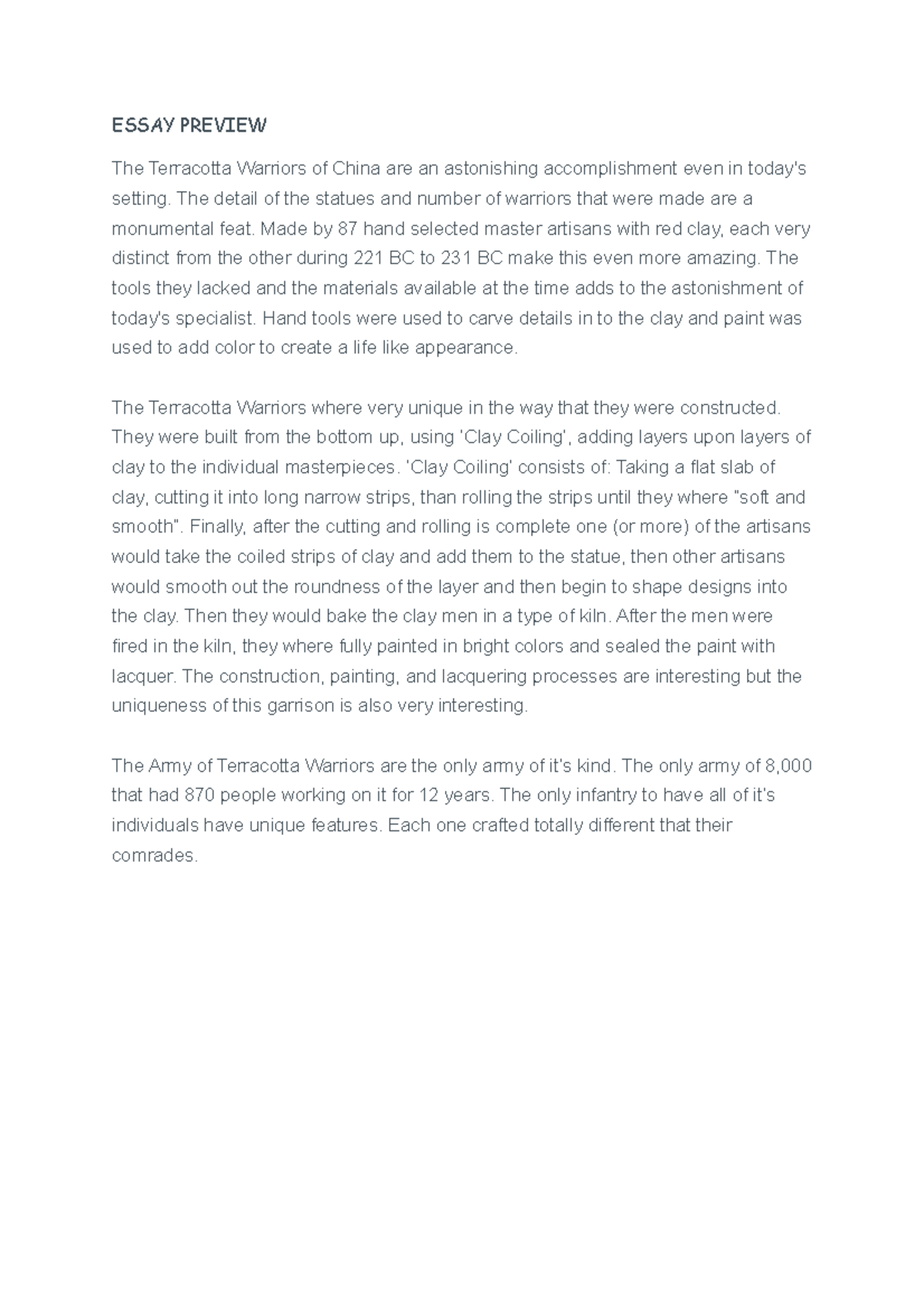 Essay Preview - ESSAY PREVIEW The Terracotta Warriors of China are an ...