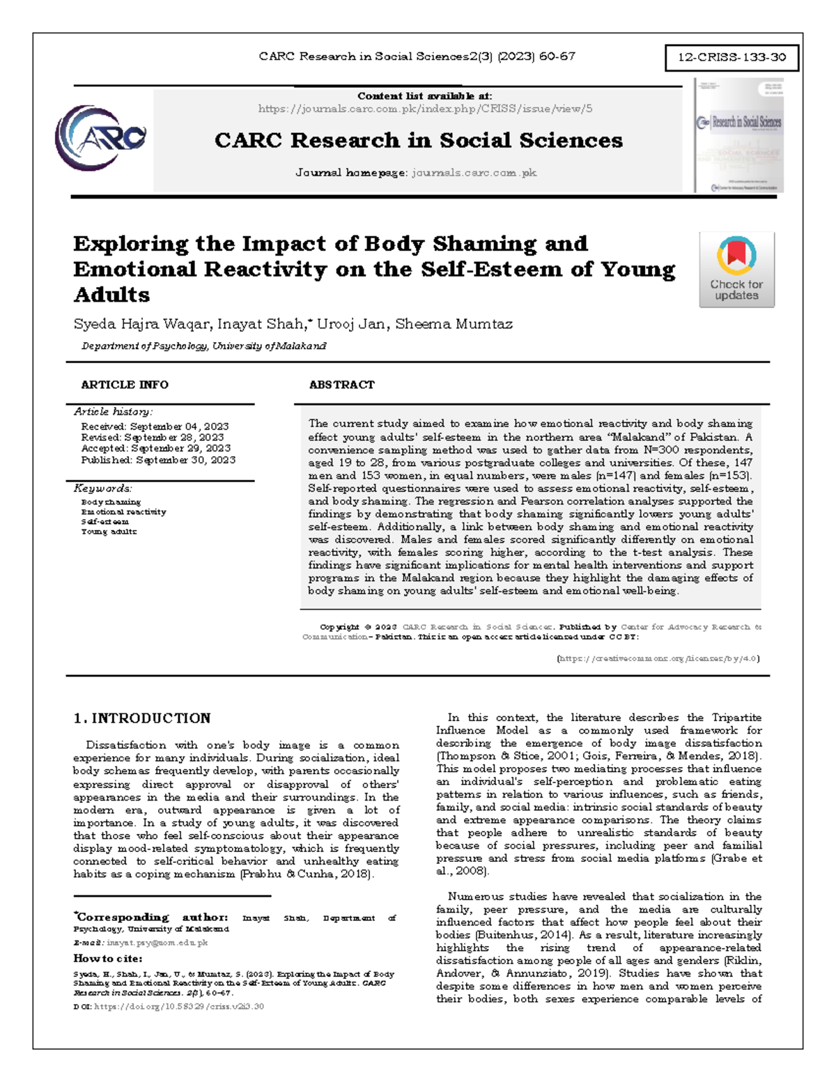Exploring the Impact of Body Shaming and Emotional - CARC Research in ...