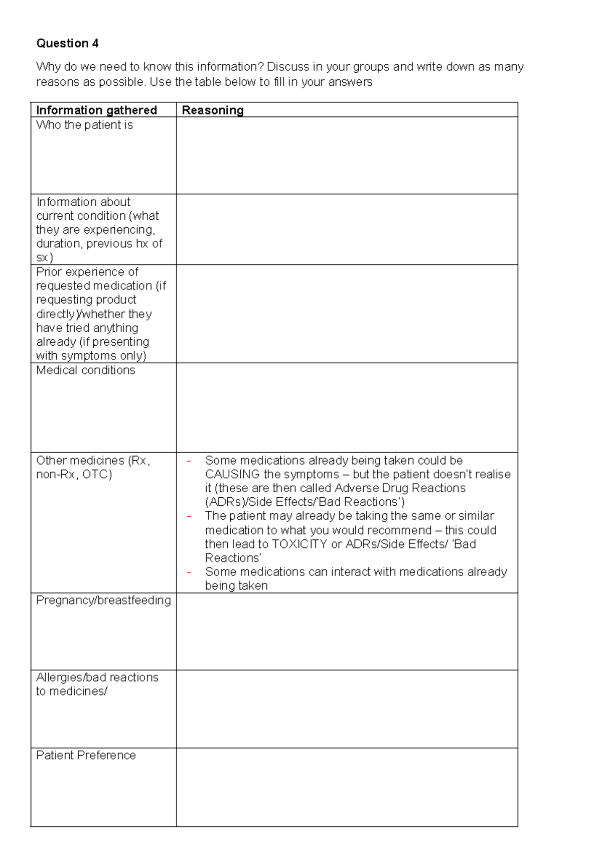 Week8 Question 4 handout for students to complete - Question 4 Why do ...