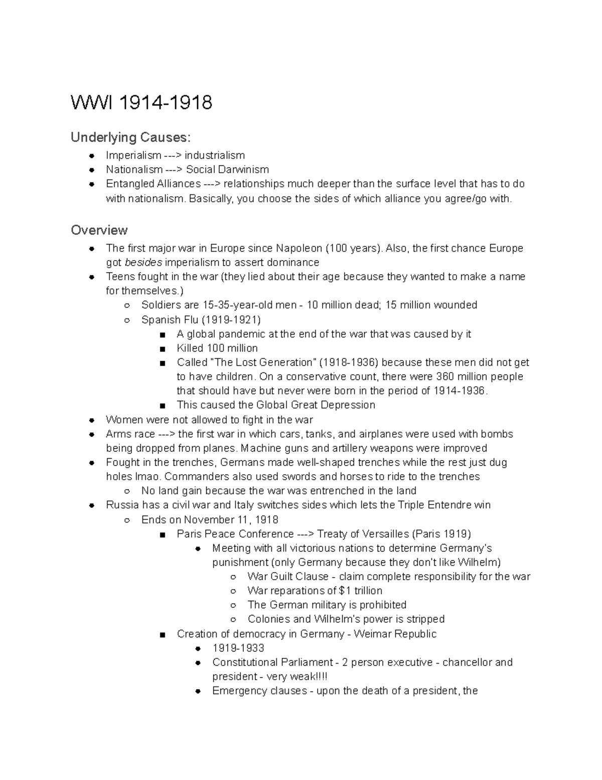 WWI 1914-1918 - Notes on the WW1 period - WWI 1914- Underlying Causes ...