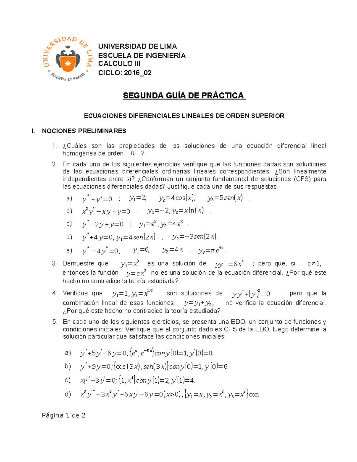 Ejercicios de calculo iii ulima - UNIVERSIDAD DE LIMA ESCUELA DE INGENIERÍA CALCULO III CICLO ...