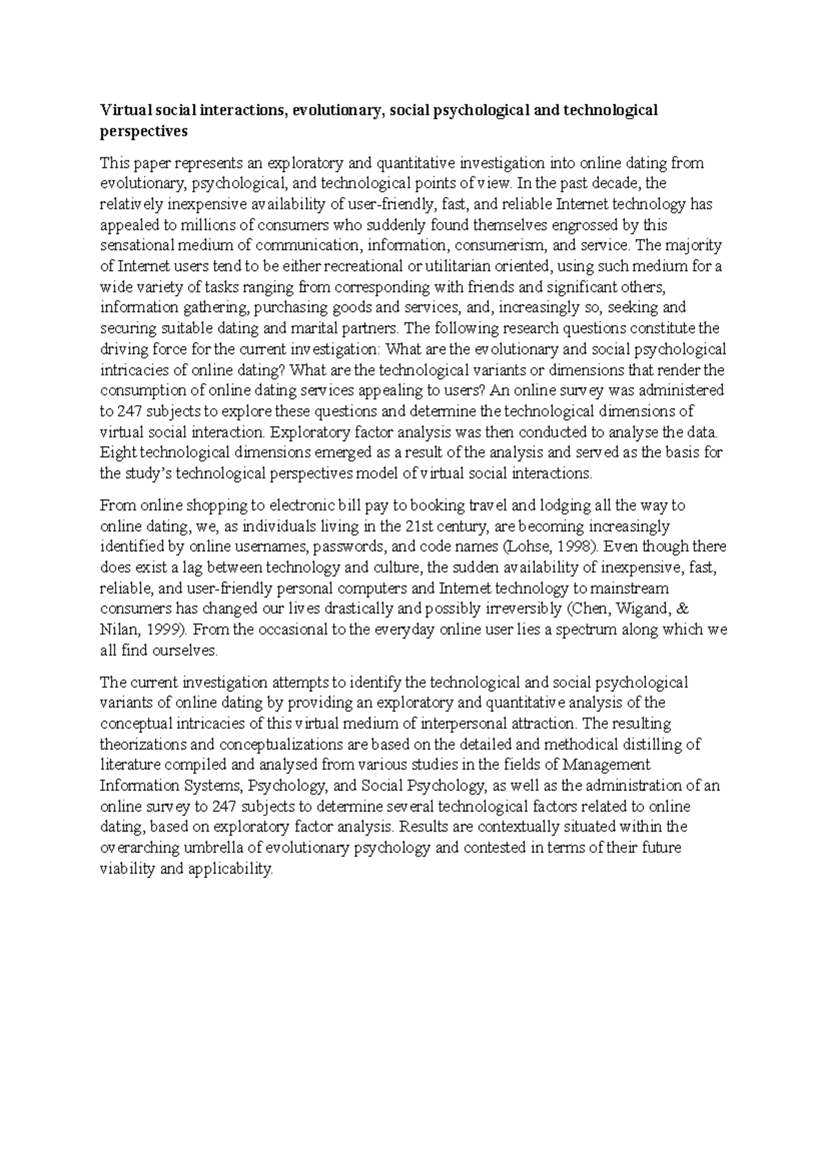 Virtual social interactions, evolutionary, social psychological and ...