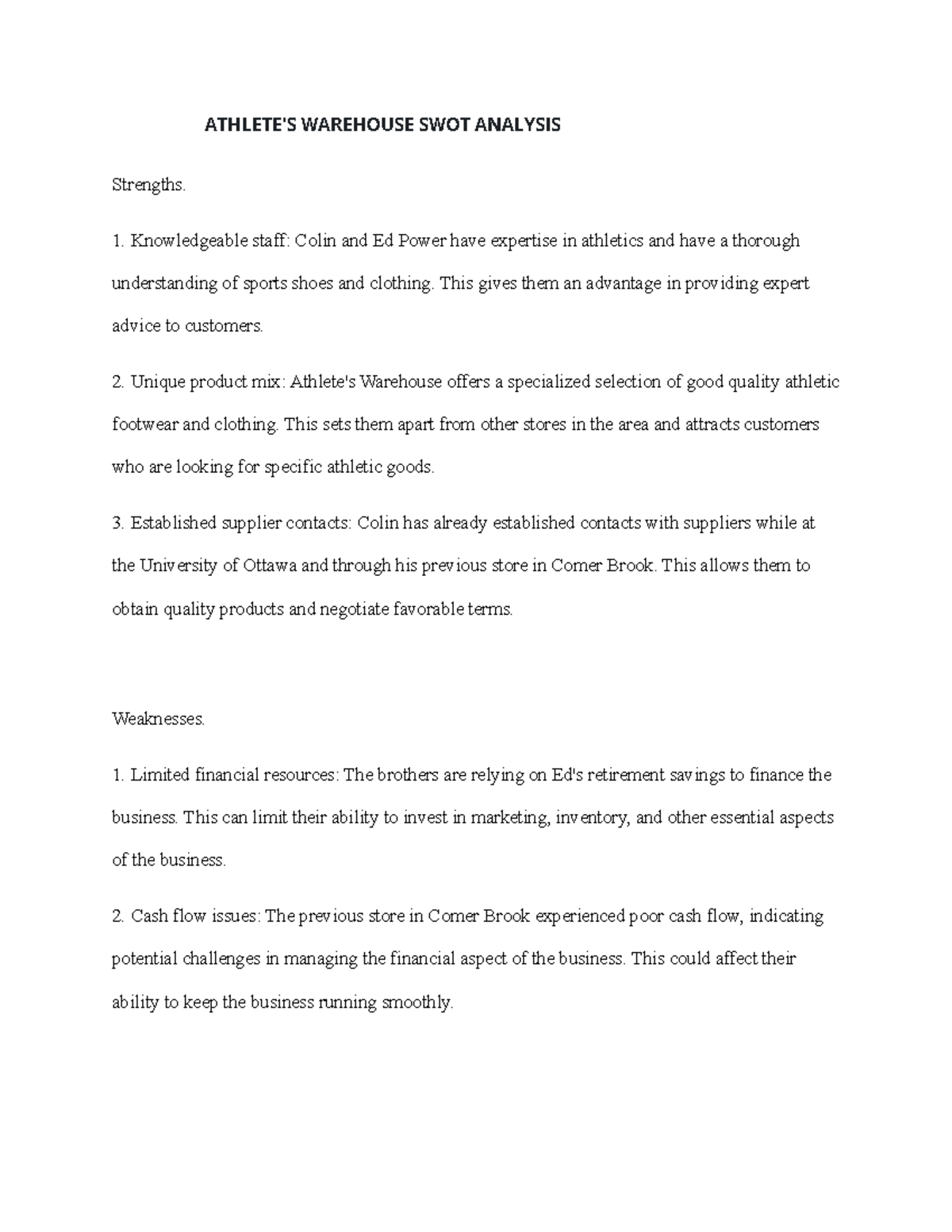 Athlete Warehouse SWOT Analysis - ATHLETE'S WAREHOUSE SWOT ANALYSIS ...