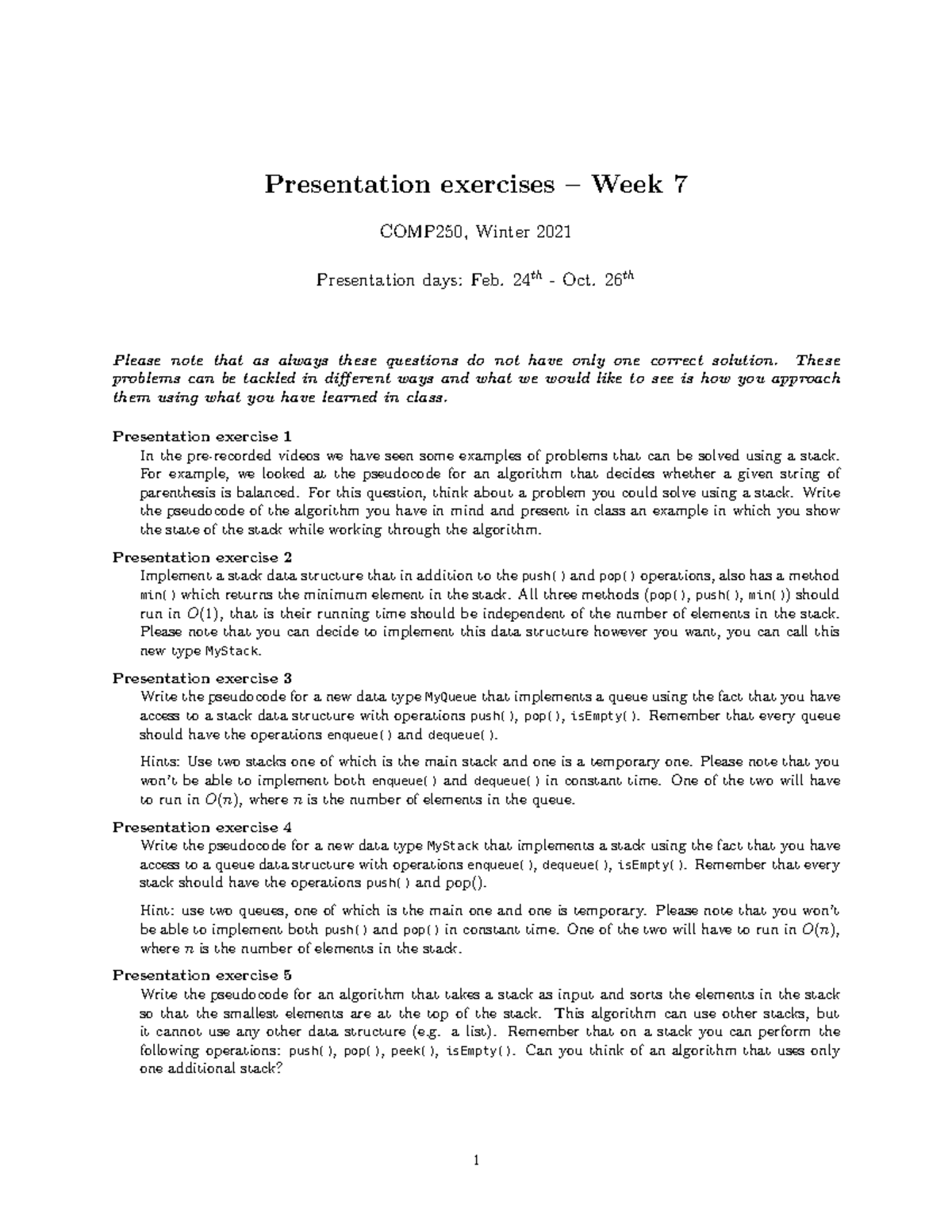 COMP250 Winter 2021 Presentation Exercises Week7 - Presentation exercises – Week 7 COMP250 ...