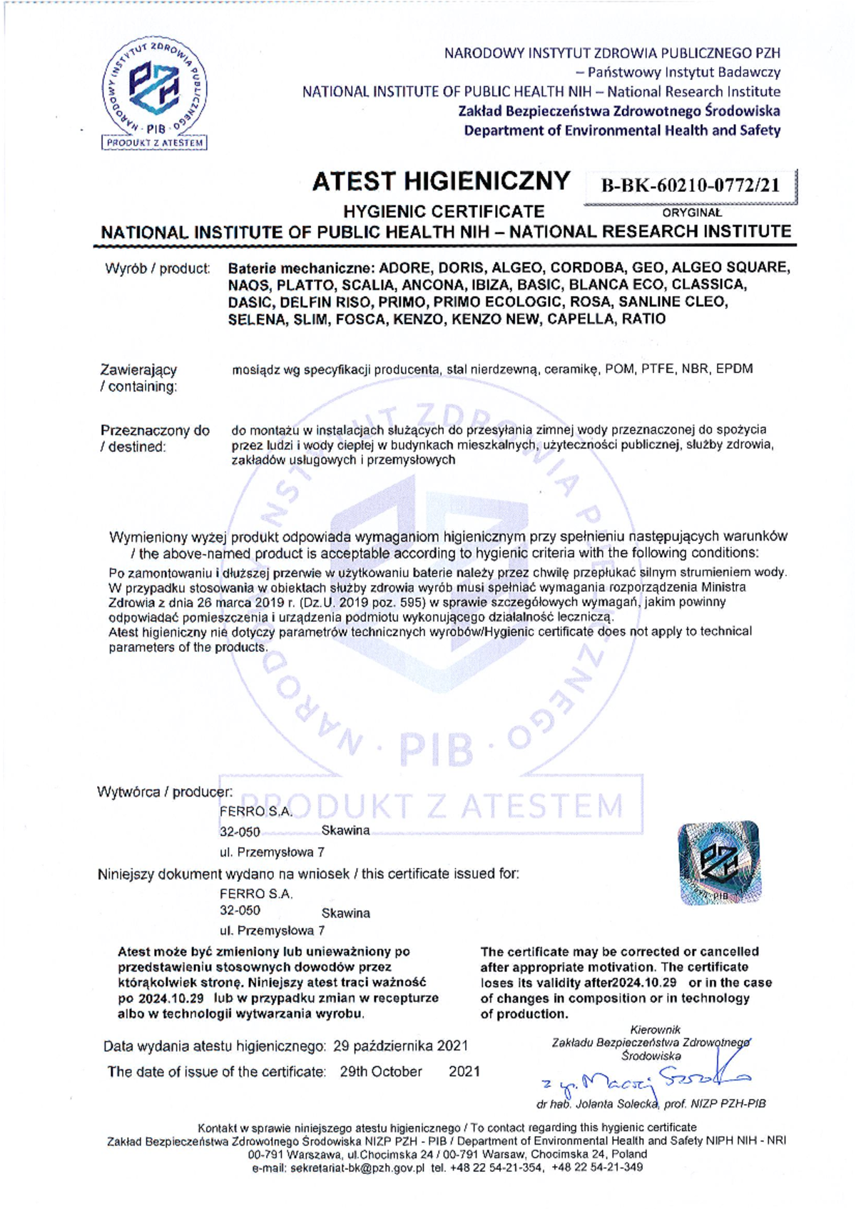 Atest pzh baterie mech b-bk-60210-0772-21 - zarzadzanie wytrzymaloscia ...