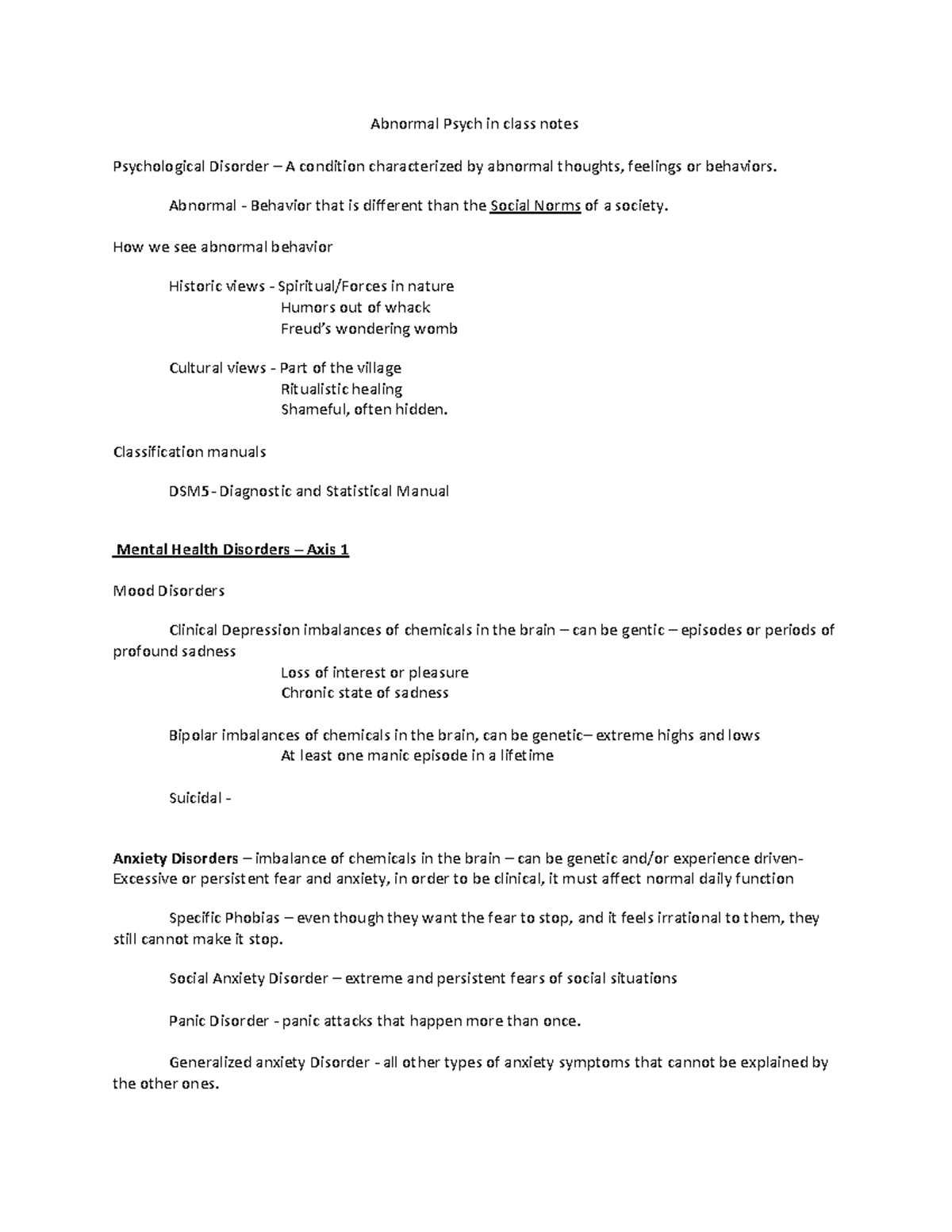 Abnormal Psych in class notes - Abnormal Psych in class notes ...