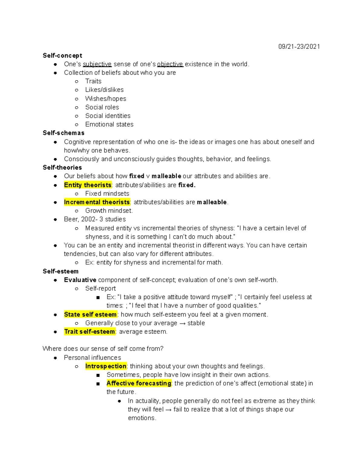 Lecture Social Self - 09/21-23/ Self-concept One’s subjective sense of ...