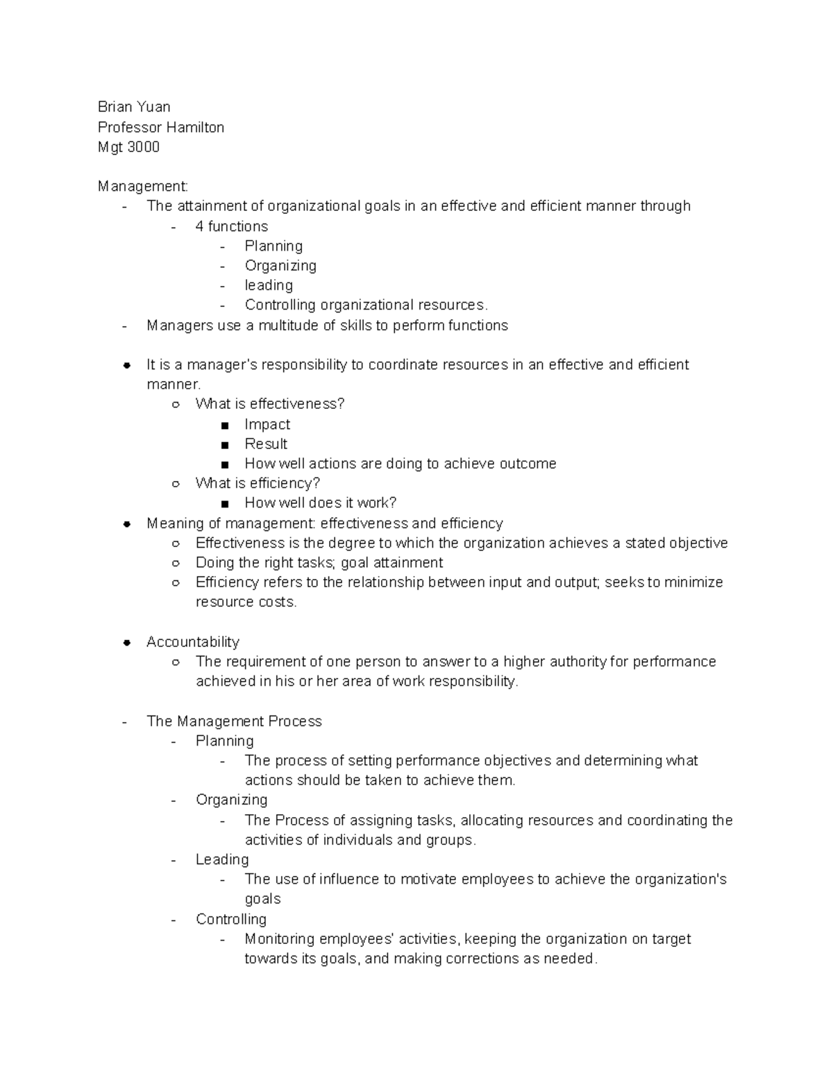 MGT mgt responbility notes - Brian Yuan Professor Hamilton Mgt 3000 ...