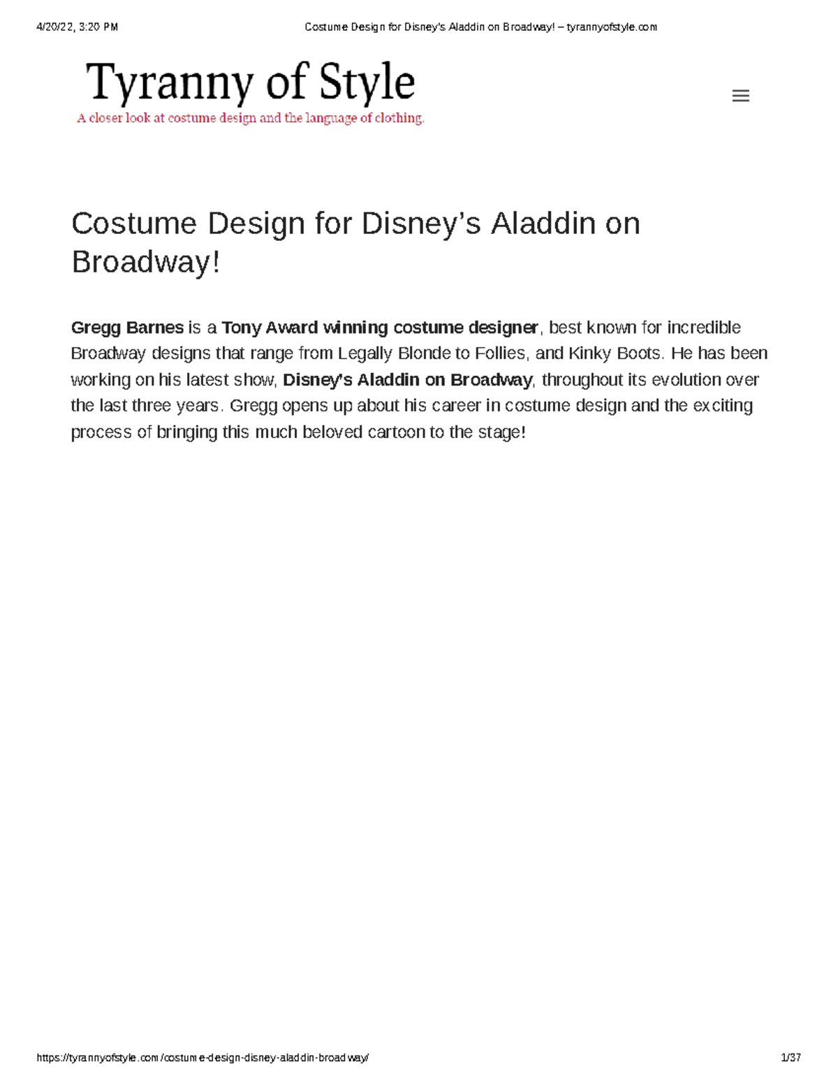 Costume Design for Disney’s Aladdin on Broadway – tyrannyofstyle ...