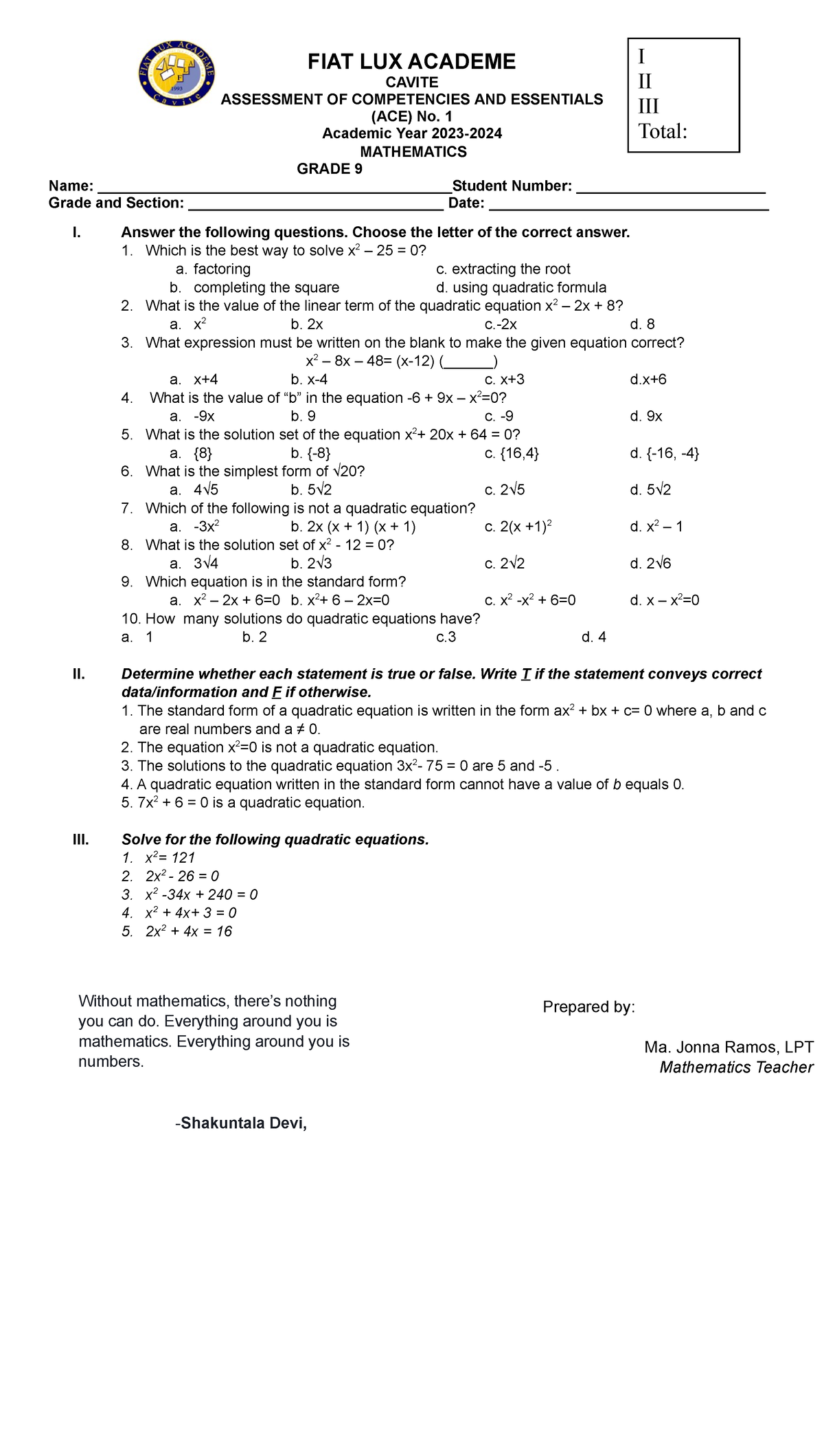 Math-9-ACES-No.-1 - Math Ace Exam Quadratic - FIAT LUX ACADEME CAVITE ...