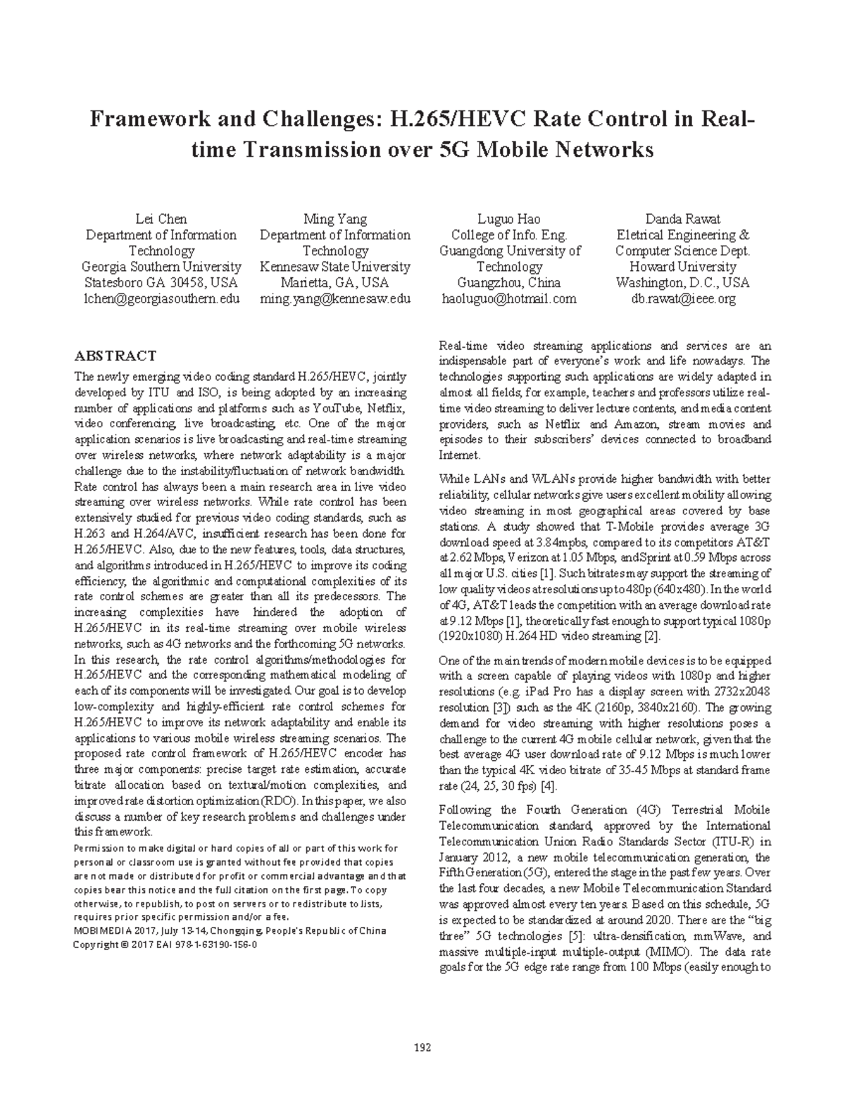 Framework and Challenges H.265HEVC Rate Control in Realtime ...