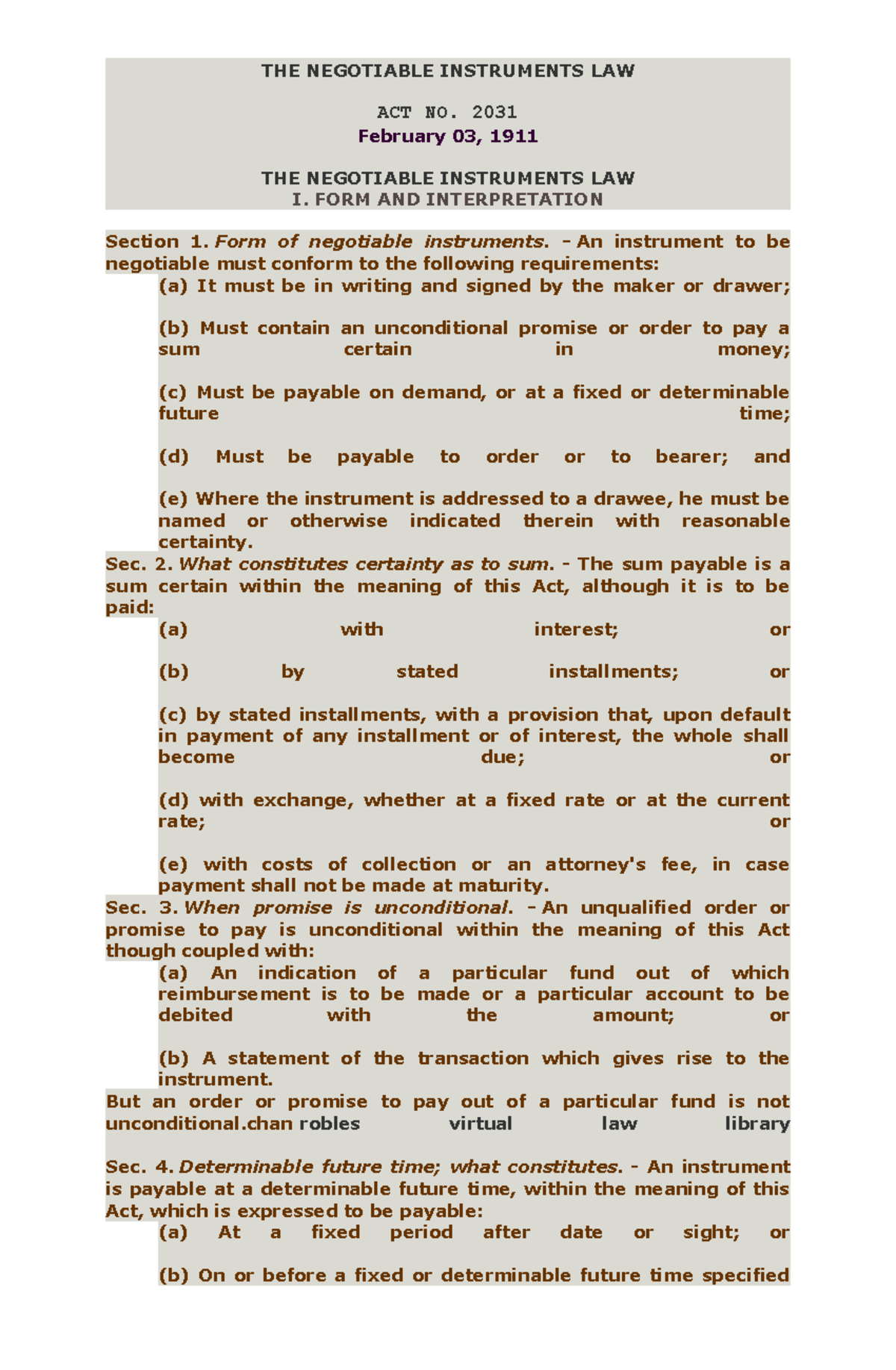 NEGO Instrument ACT - case digest - THE NEGOTIABLE INSTRUMENTS LAW ACT ...