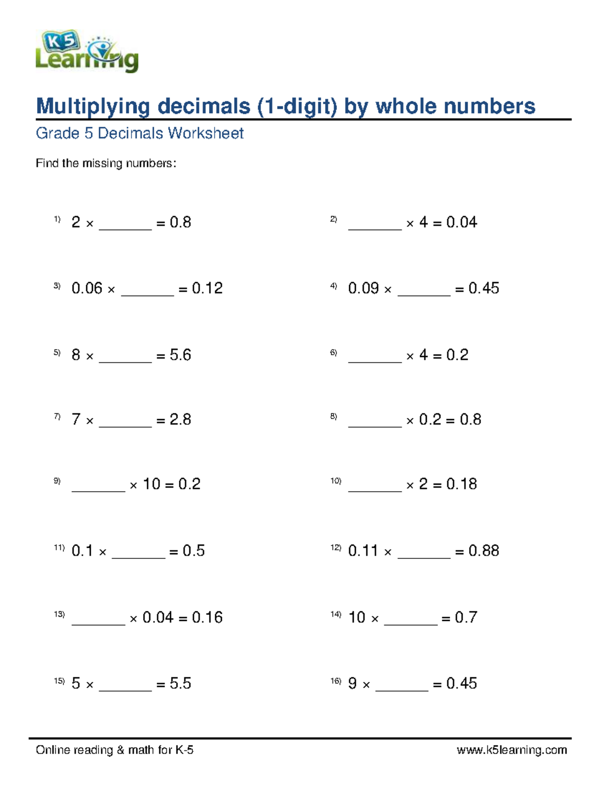 Grade 5 multiplying decimals missing factor 1 digit c - Online reading ...