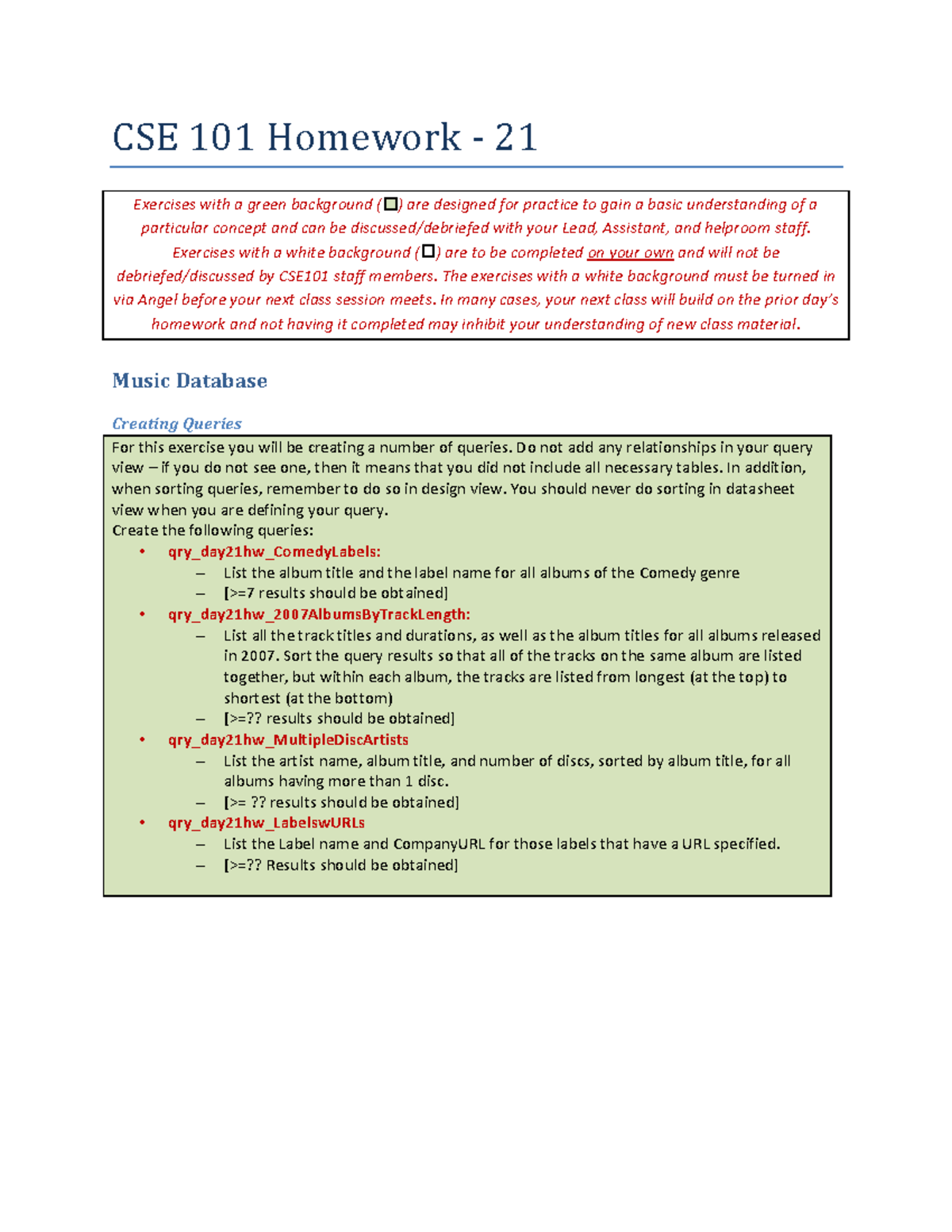 Day21 Homework - CSE 101 Homework - 21 Exercises with a green background ( ) are designed for ...
