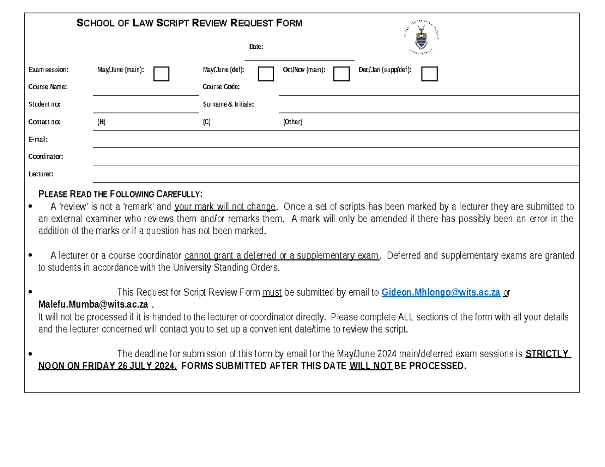 Script Review request form July 2024 - SCHOOL OF LAW SCRIPT REVIEW ...