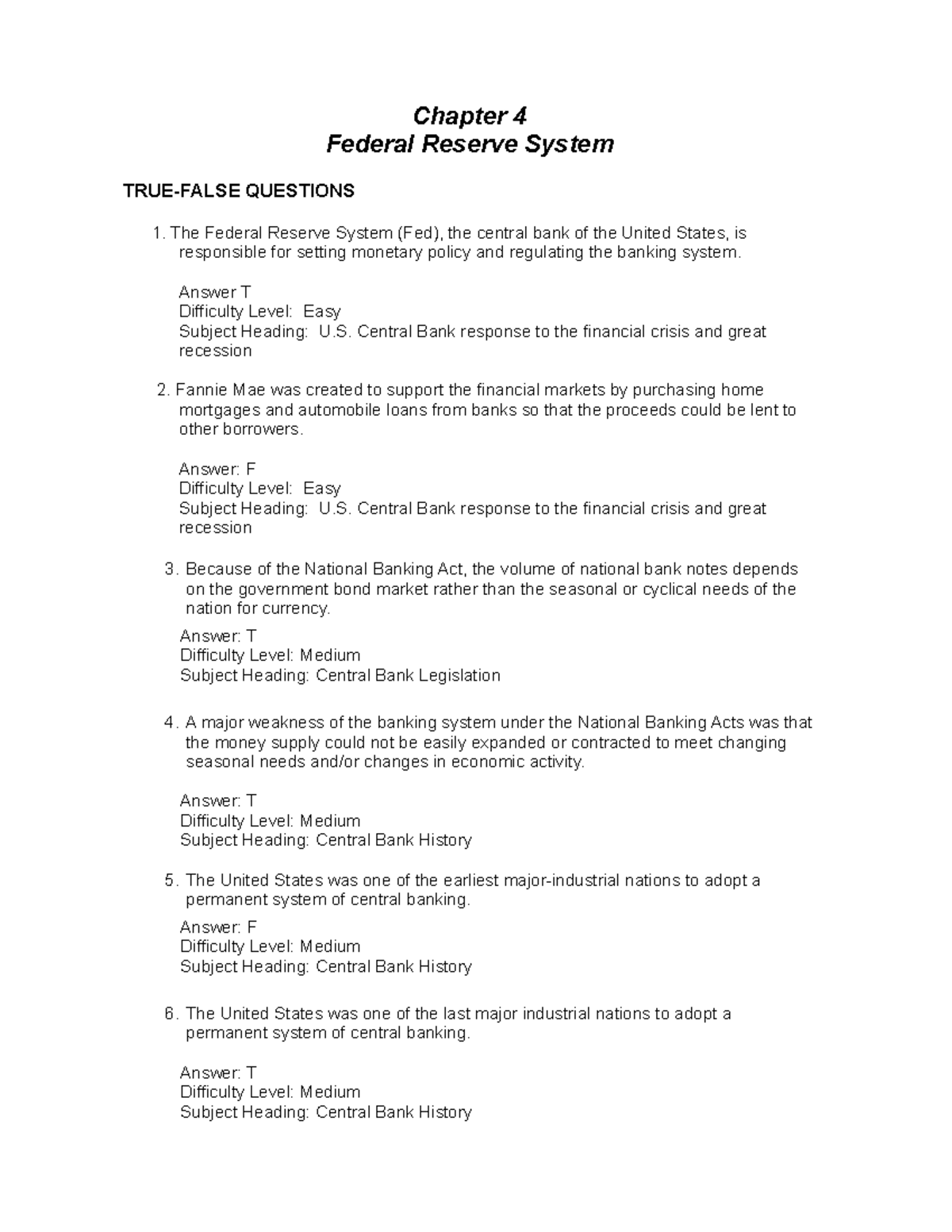 Ch04 - ITF Exam answers - Chapter 4 Federal Reserve System TRUE-FALSE ...
