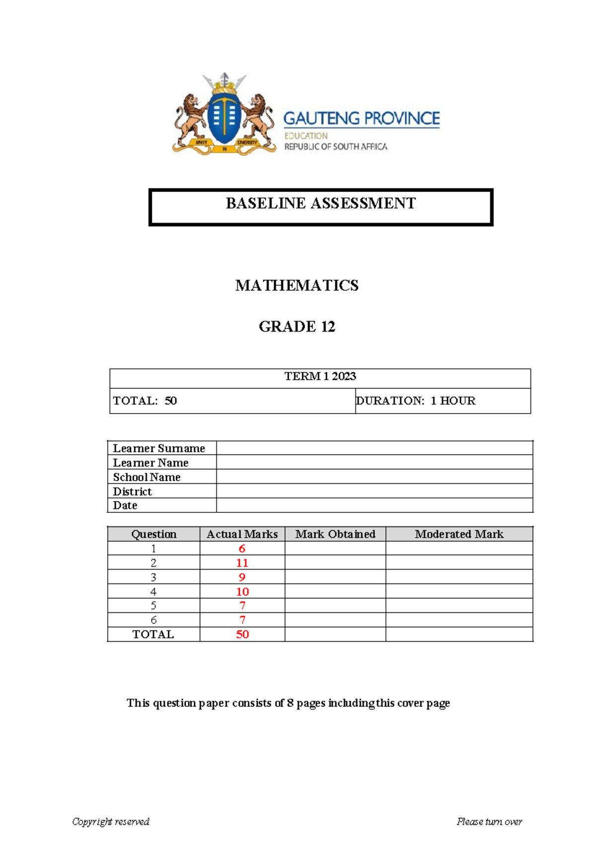 2023 Baseline Test Grade 12 Mathematics - MATHEMATICS GRADE 12 TERM 1 ...