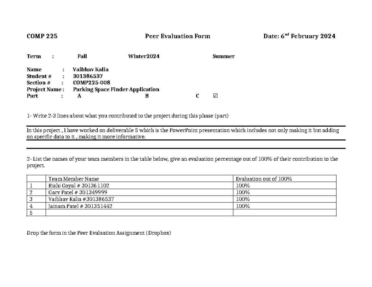 COMP 225 Peer Evaluation Form (3) - COMP 225 Peer Evaluation Form Date ...