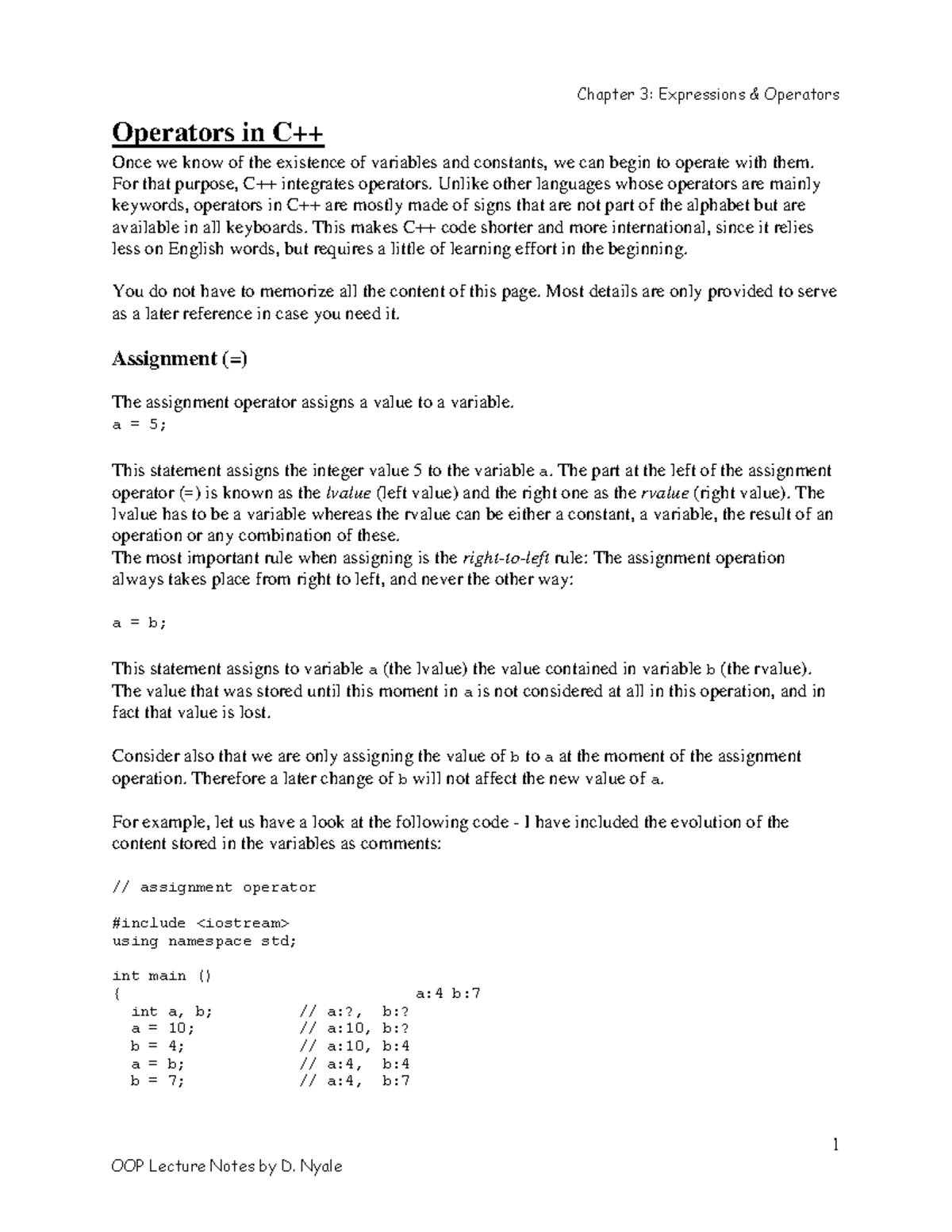 Chapter 3 Operators 125921 - 1 Operators in C++ Once we know of the ...