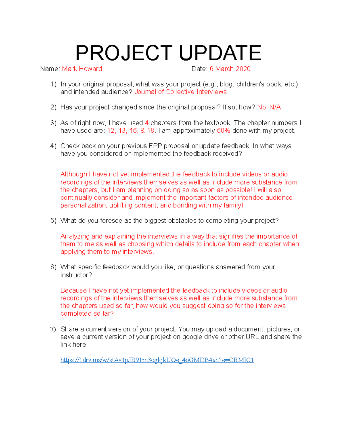 Faml100 document update Report Form(NEW)-1 - PROJECT UPDATE Name: Mark ...