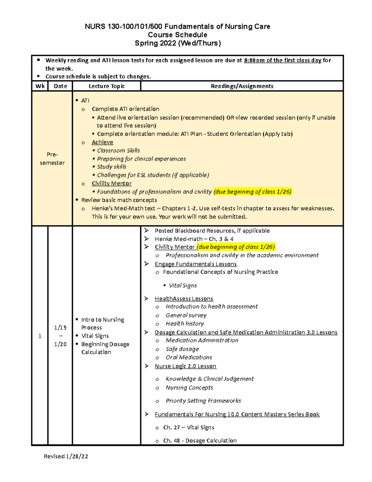 NURCourse Schedule - Course Schedule Spring 2022 (Wed/Thurs) Weekly ...