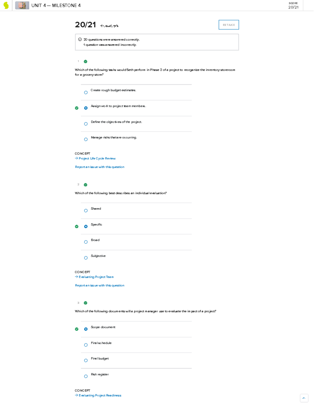 Milestone 4-20 out of 21 correct - 1 CONCEPT → Project Life Cycle ...