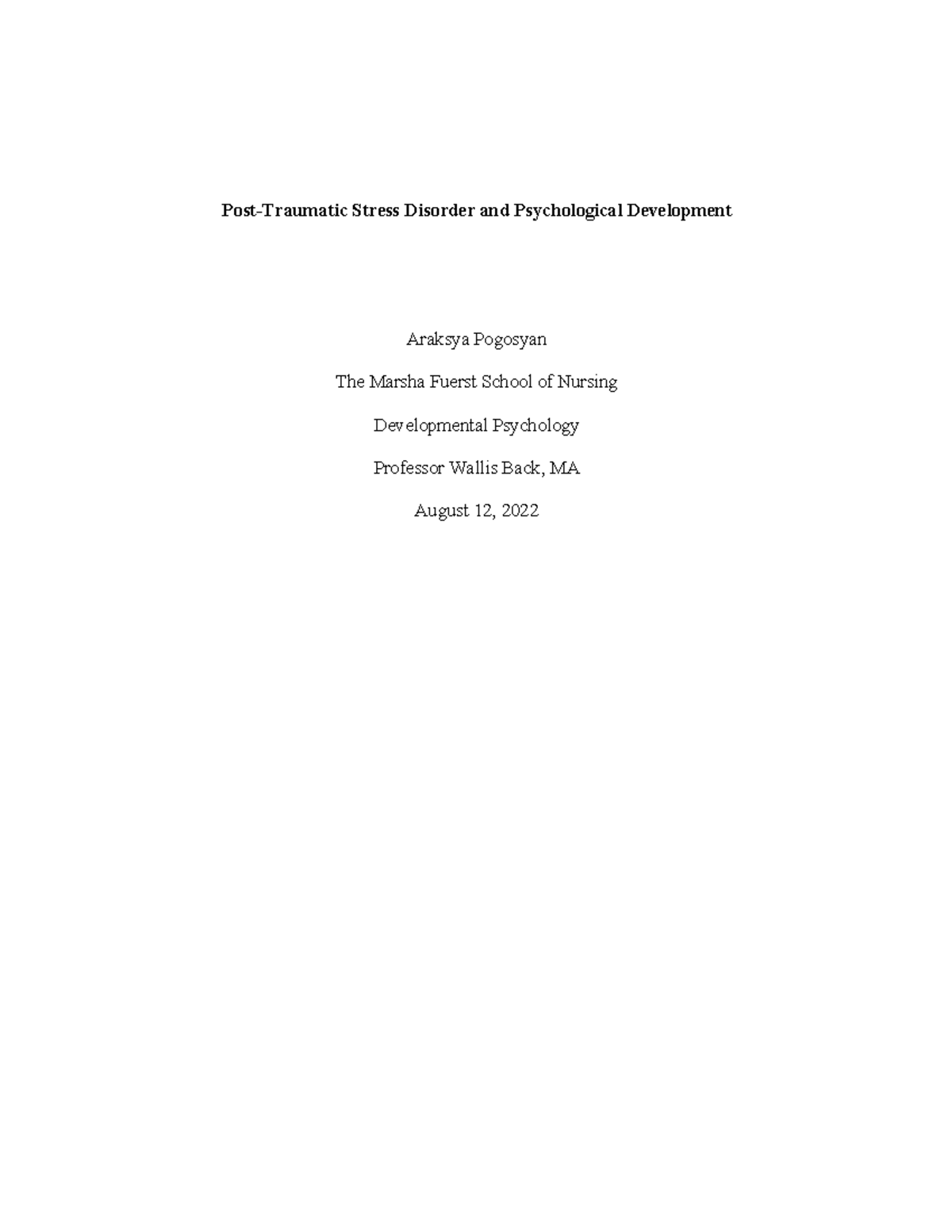 Psych Research Paper - Post-Traumatic Stress Disorder and Psychological ...