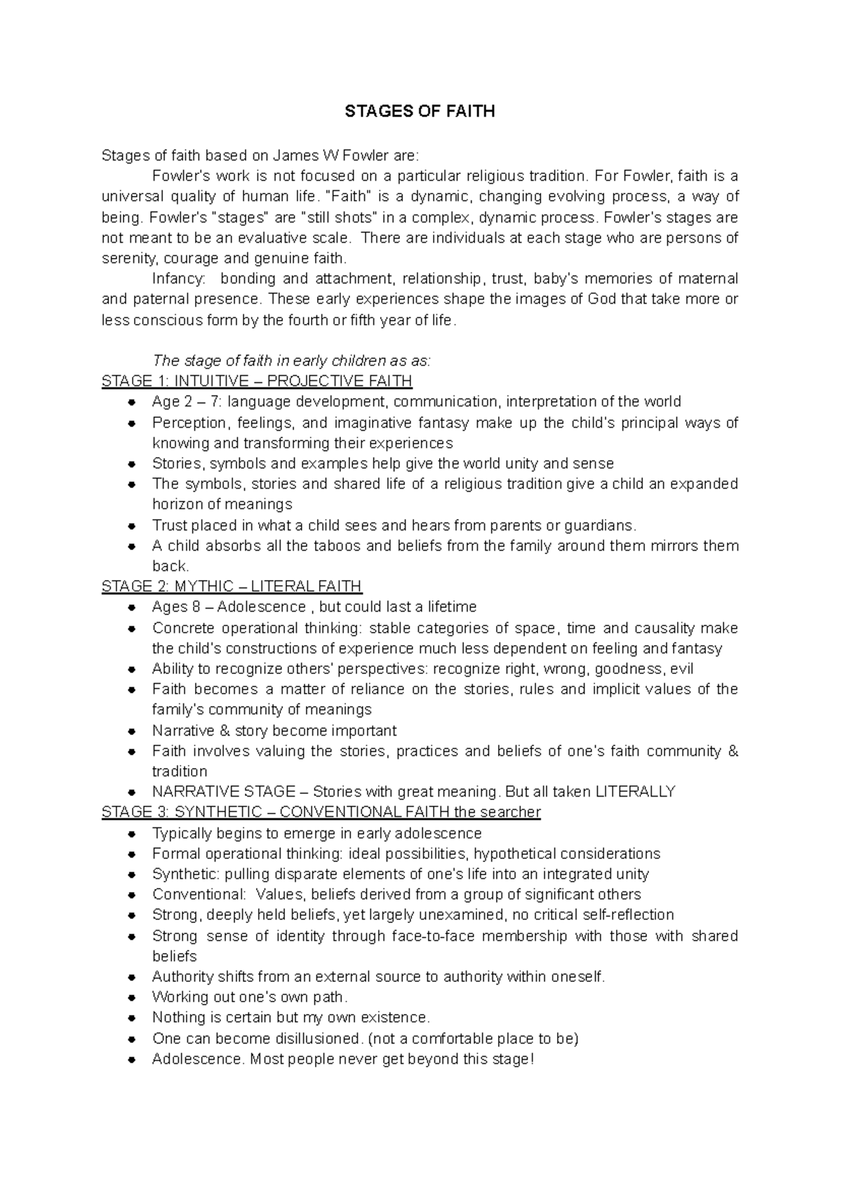 Stages of Faith - STAGES OF FAITH Stages of faith based on James W ...