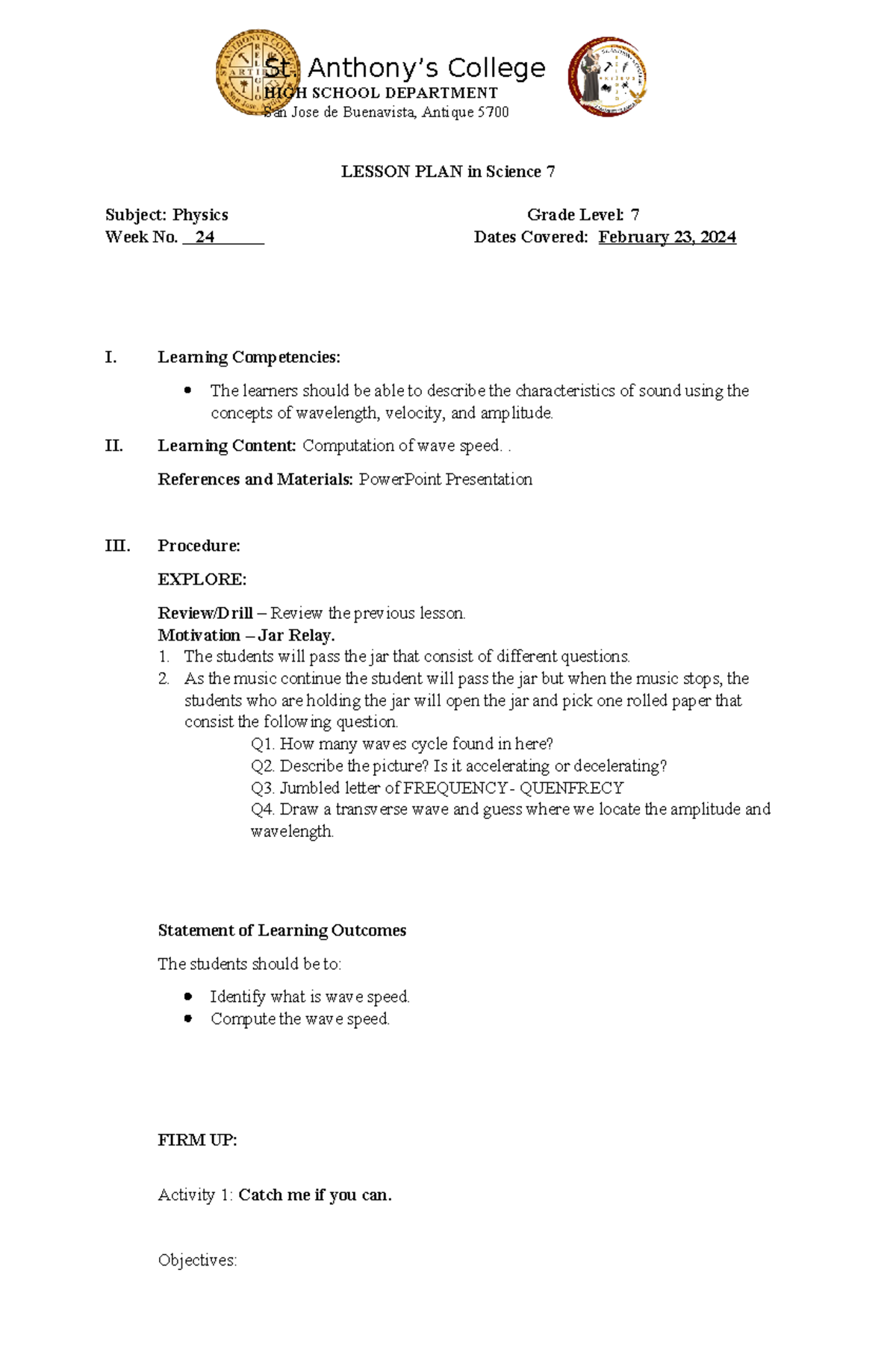 Lesson plan for wave speed - St. Anthony’s College HIGH SCHOOL ...