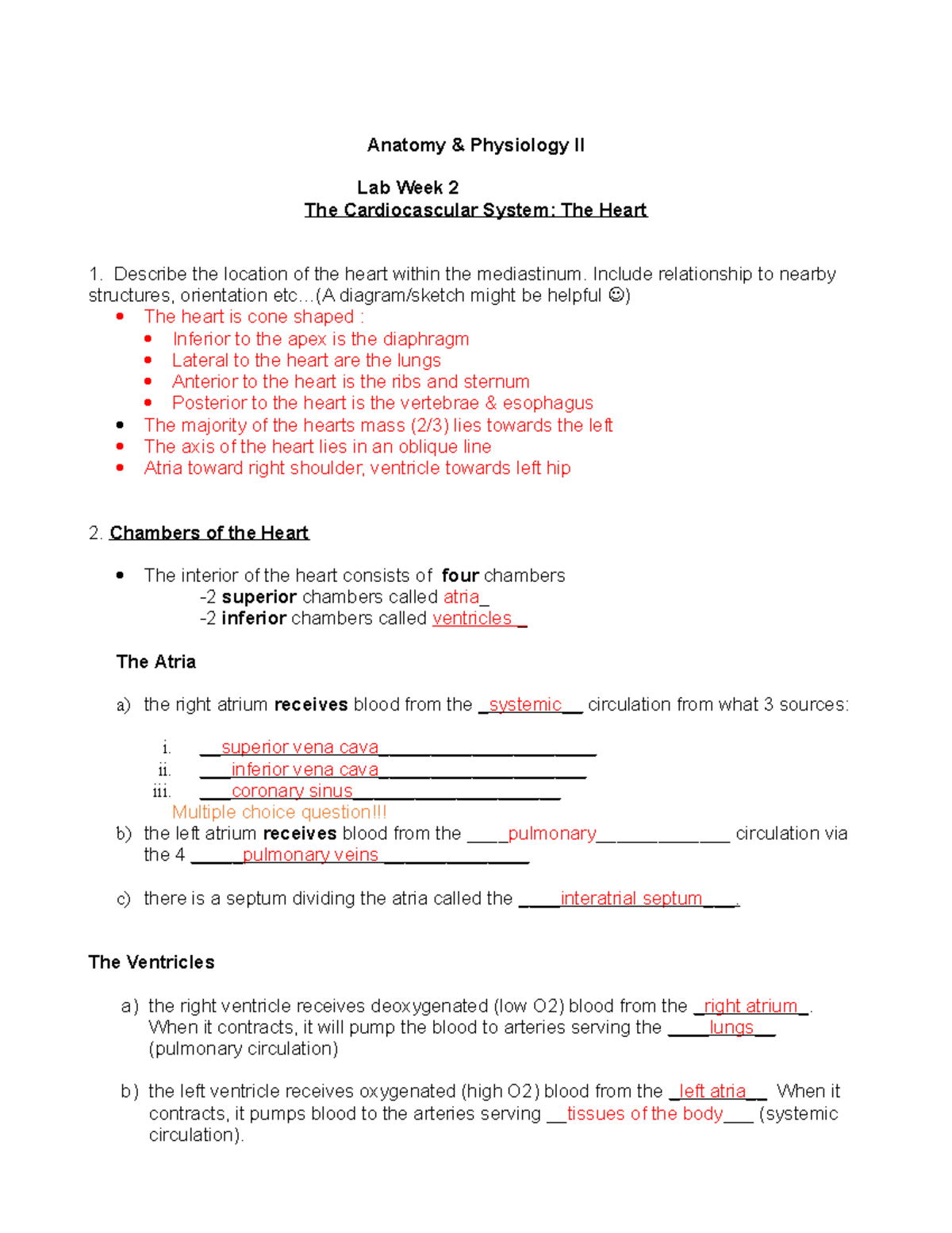 Lab- Heart - assigned lab work - Anatomy & Physiology II Lab Week 2 The ...