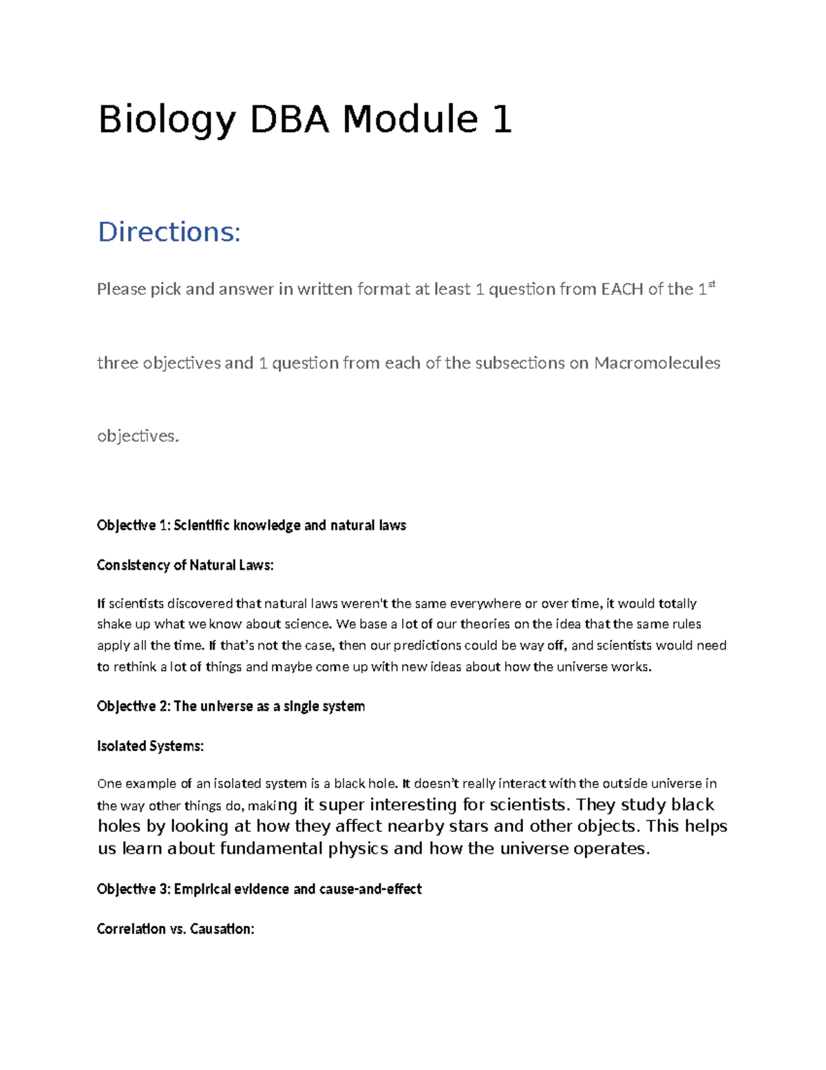 Biology DBA Module 1 - bcbc - Biology DBA Module 1 Directions: Please ...