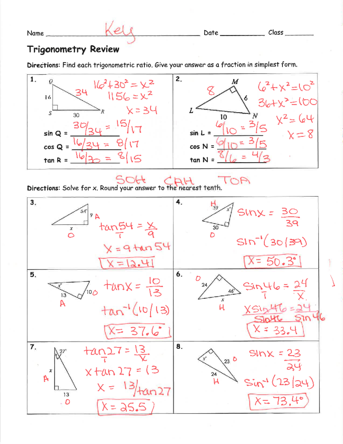 Trig Review KEY - Trig. notes with work and answers - Studocu
