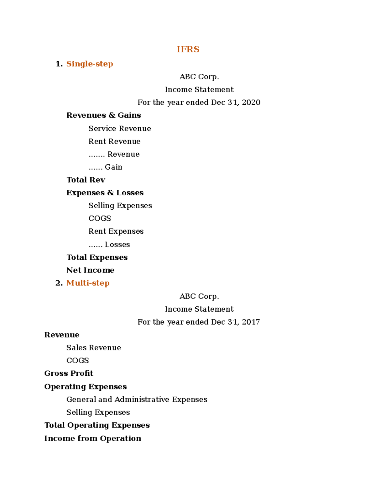 Accounting Presentation (IFRS & ASPE) - IFRS 1. Single-step ABC Corp ...