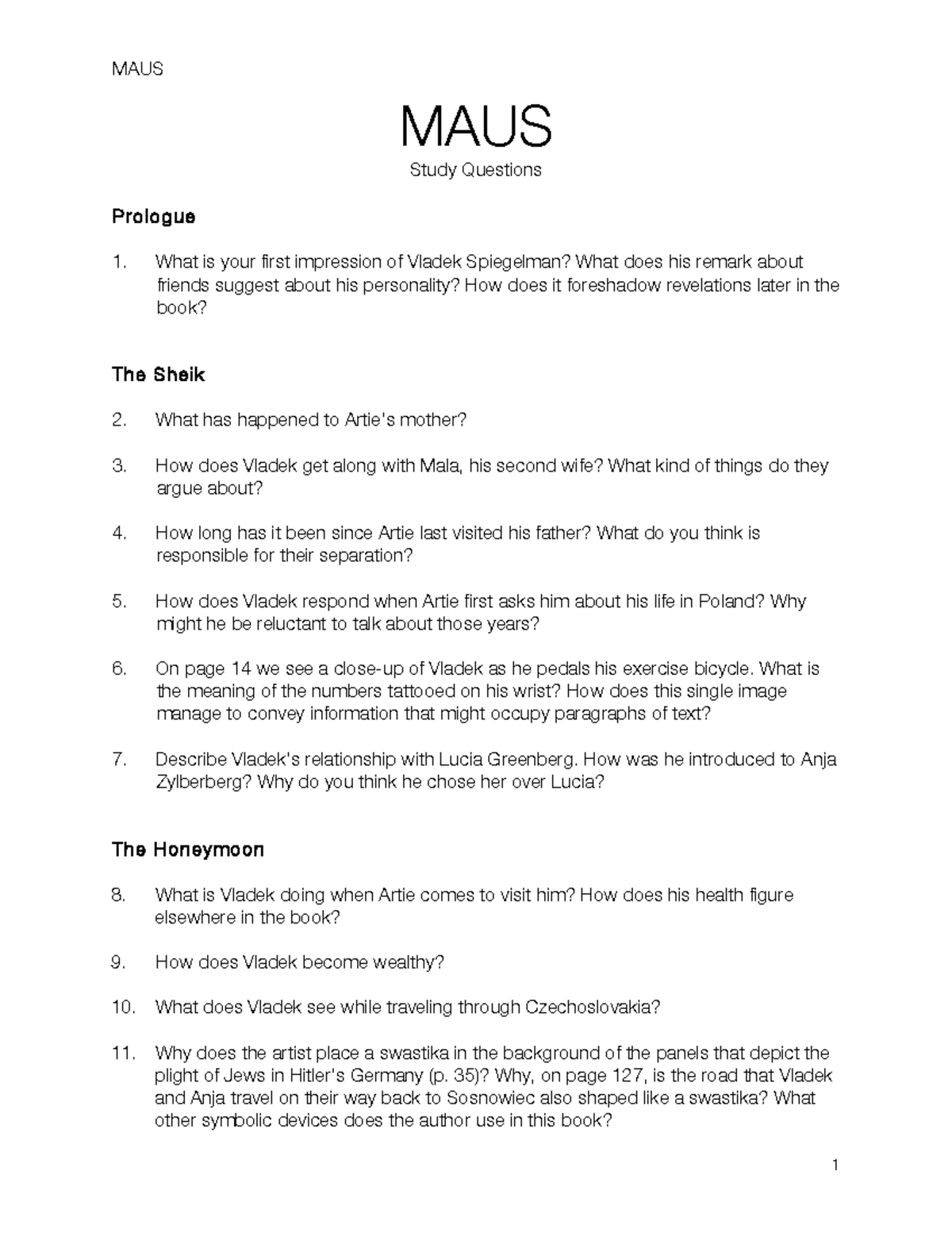 Grade 10 History - MAUS Reading Questions - MAUS Study Questions ...