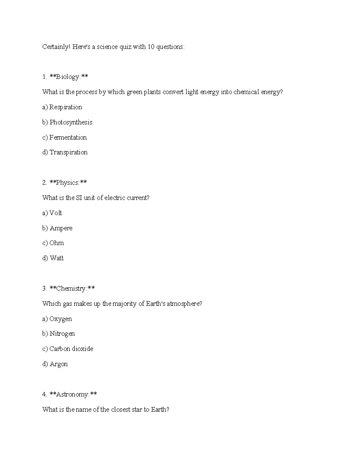 Science Quiz Test Your Knowledge.edited - Certainly! Here's a science ...
