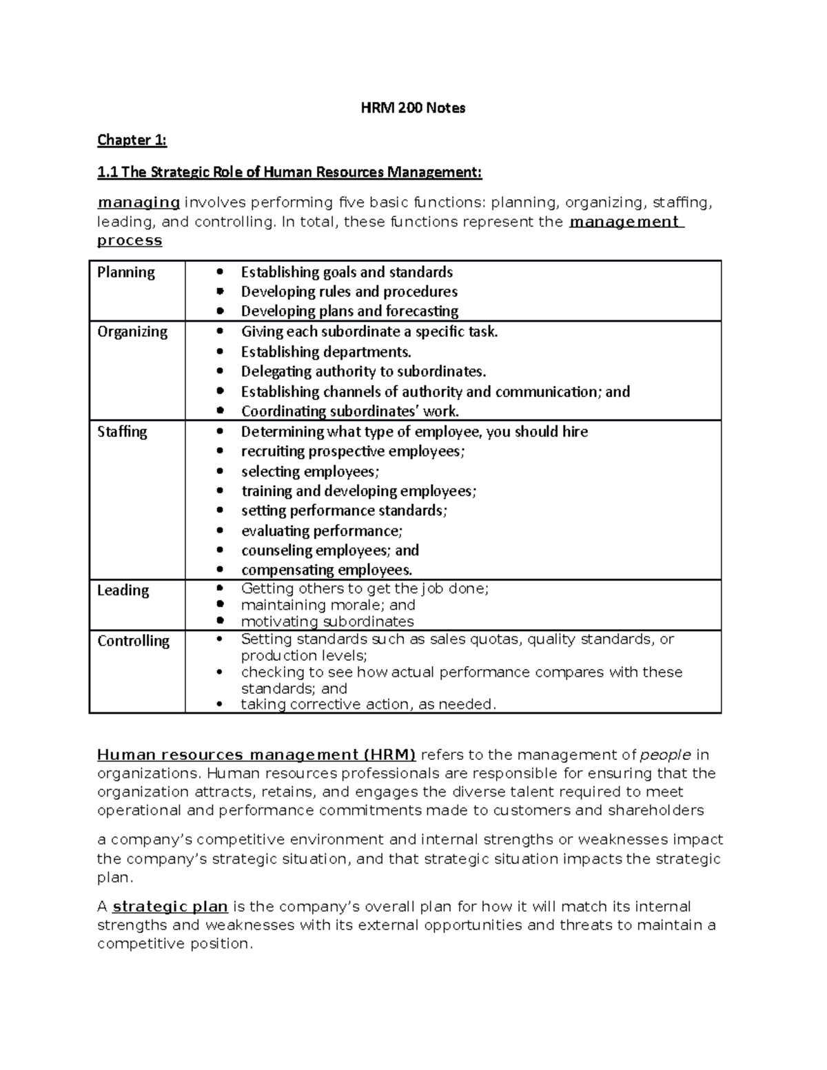 HRM 200 Notes - HRM 200 Notes Chapter 1: 1 The Strategic Role of Human ...